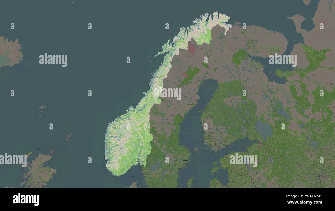 Norway highlighted on a topographic, OSM France style map Stock Photo ...