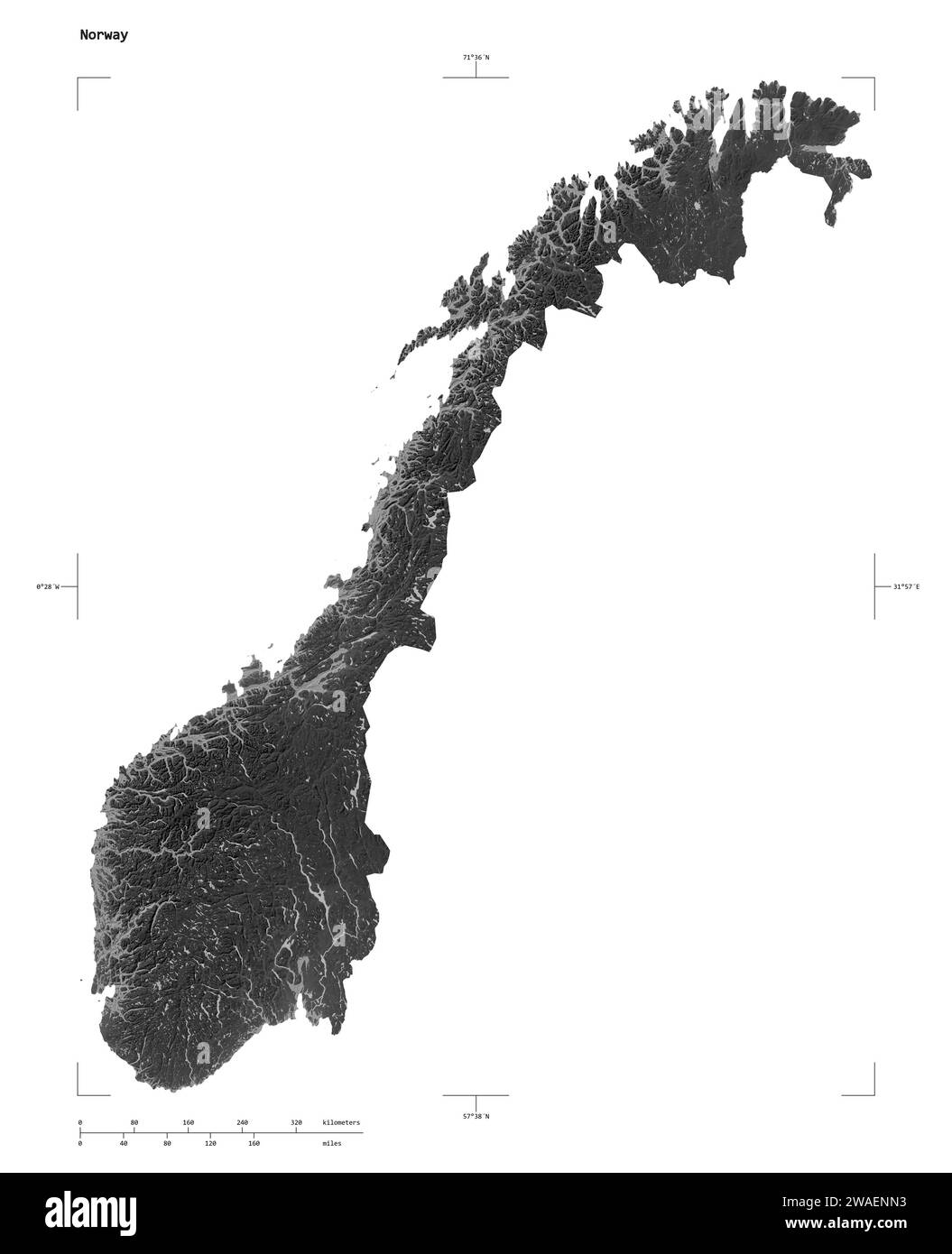 Shape of a Grayscale elevation map with lakes and rivers of the Norway, with distance scale and ...