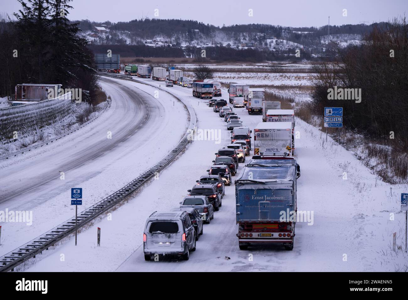 Jutland, Denmark, January 4, 2024, A number of trucks and cars are ...