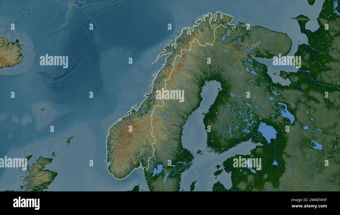 Norway outlined on a Colored elevation map with lakes and rivers Stock ...