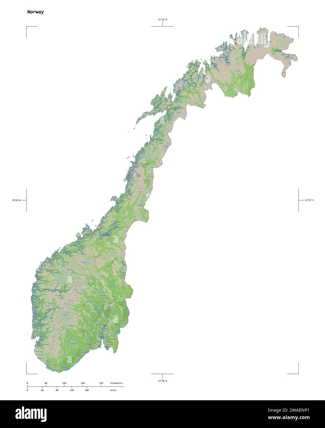 Shape of a topographic, OSM France style map of the Norway, with ...