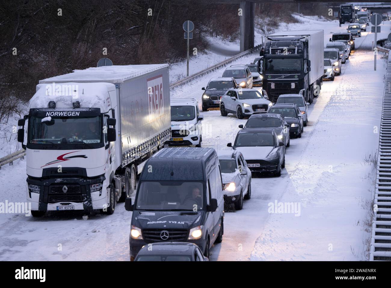 Jutland, Denmark, January 4, 2024, A number of trucks and cars are ...