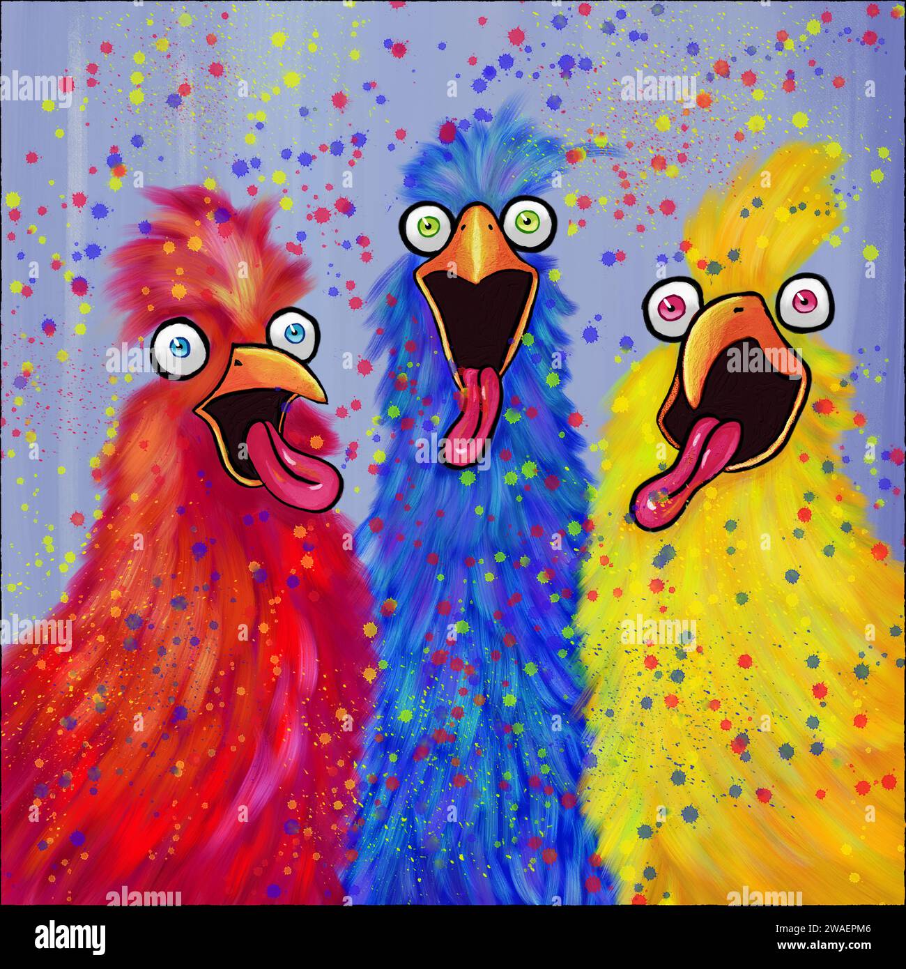 A cheerful illustration of a flock of cartoon chickens in bright ...