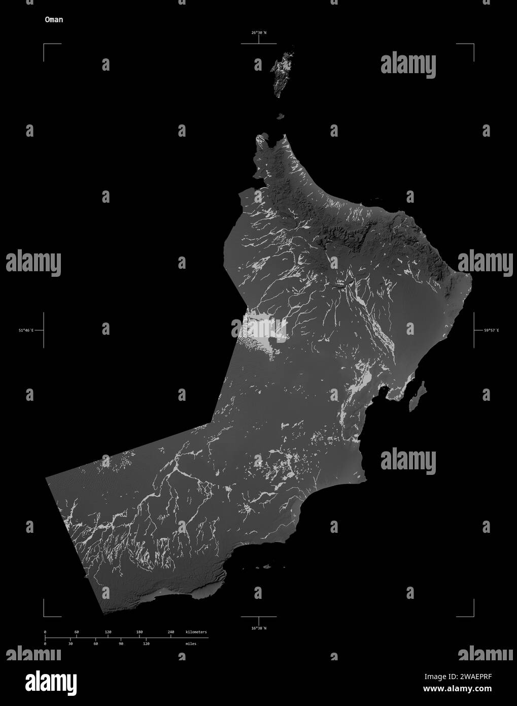 Shape of a Grayscale elevation map with lakes and rivers of the Oman, with distance scale and ...