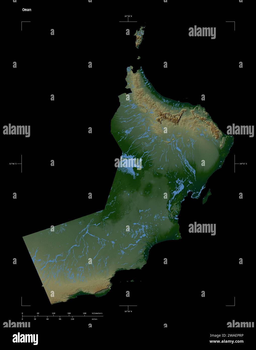Shape of a Colored elevation map with lakes and rivers of the Oman ...