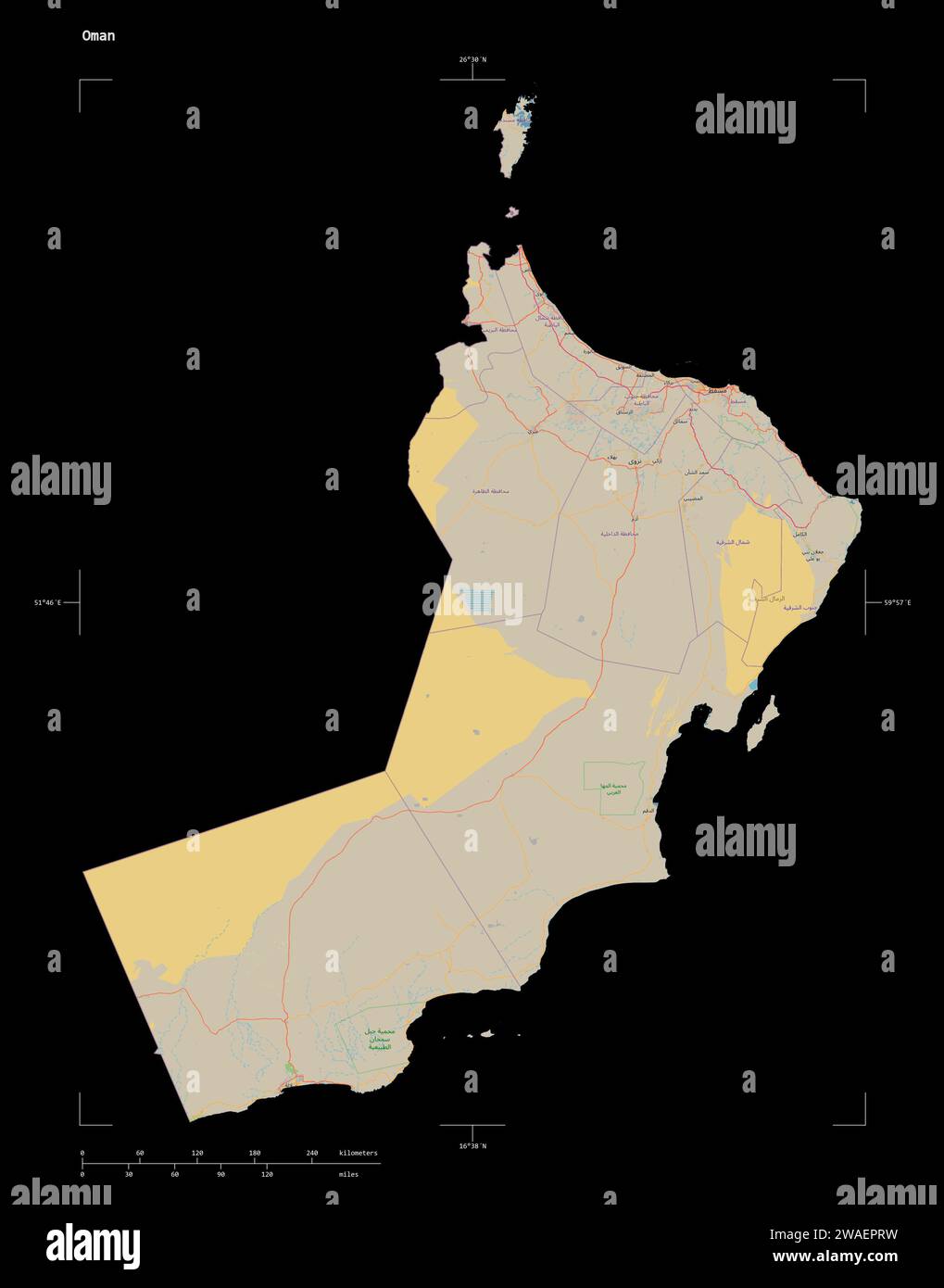 Shape of a topographic, OSM standard style map of the Oman, with ...