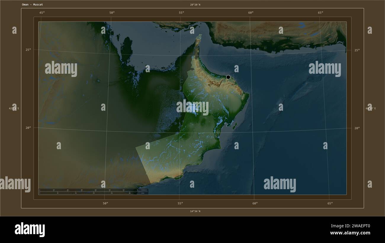 Oman highlighted on a Colored elevation map with lakes and rivers map ...