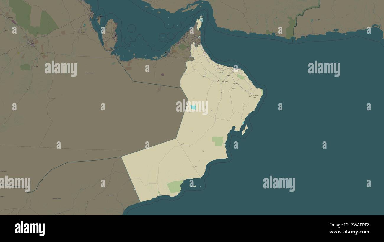 Oman highlighted on a topographic, OSM Humanitarian style map Stock ...