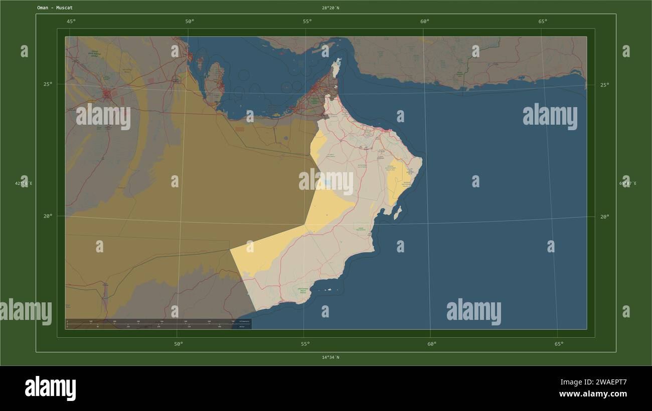 Oman highlighted on a topographic, OSM Germany style map map with the ...