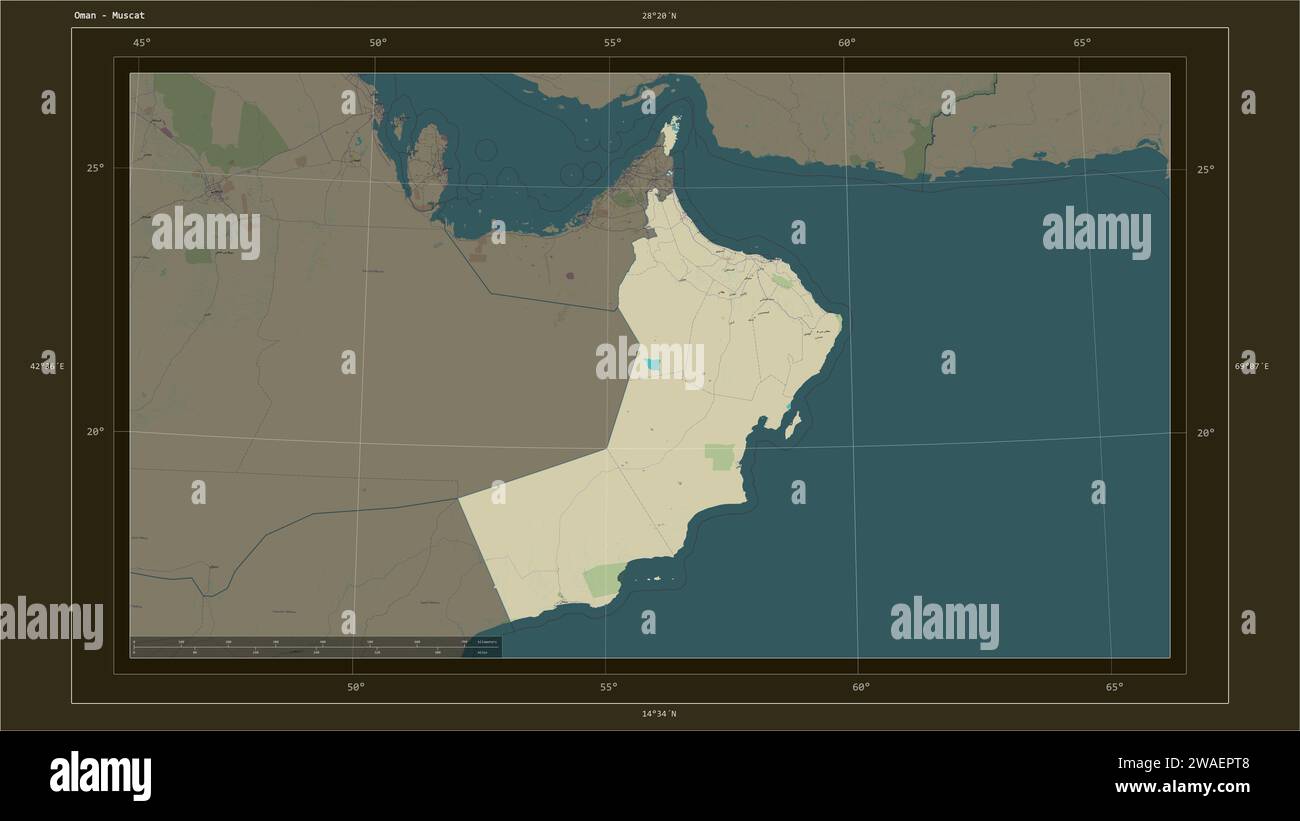 Oman highlighted on a topographic, OSM Humanitarian style map map with ...