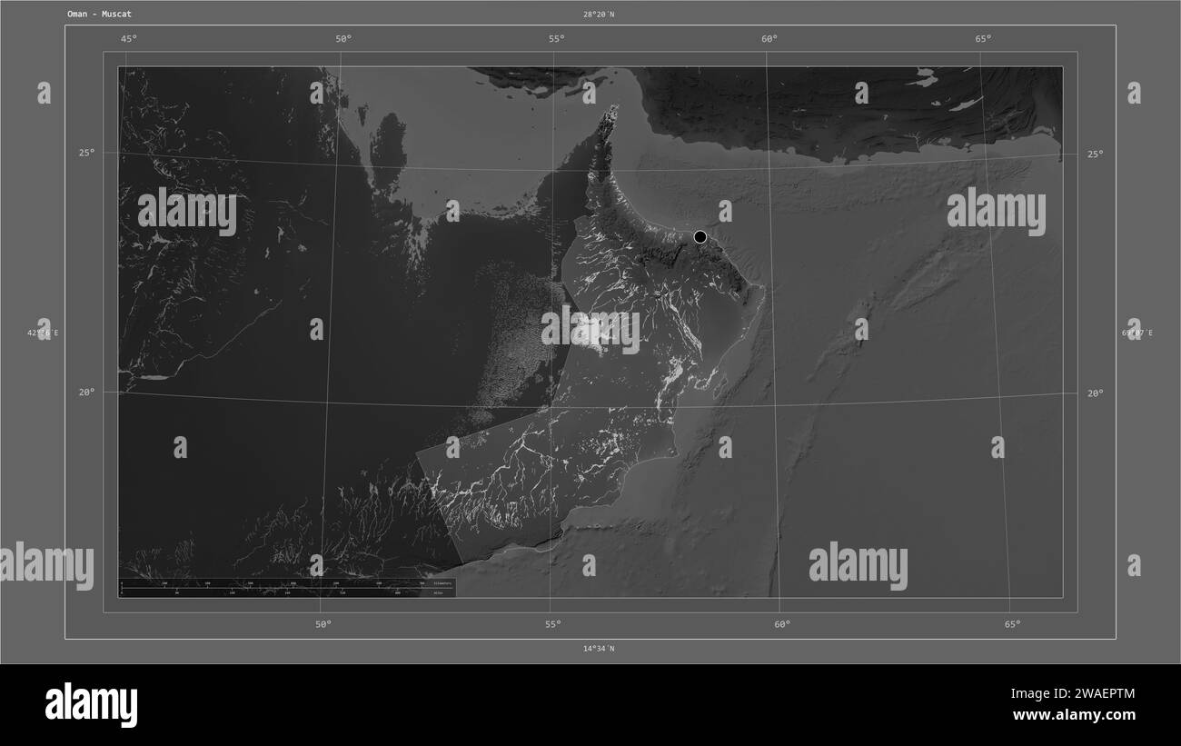 Oman highlighted on a Grayscale elevation map with lakes and rivers map ...