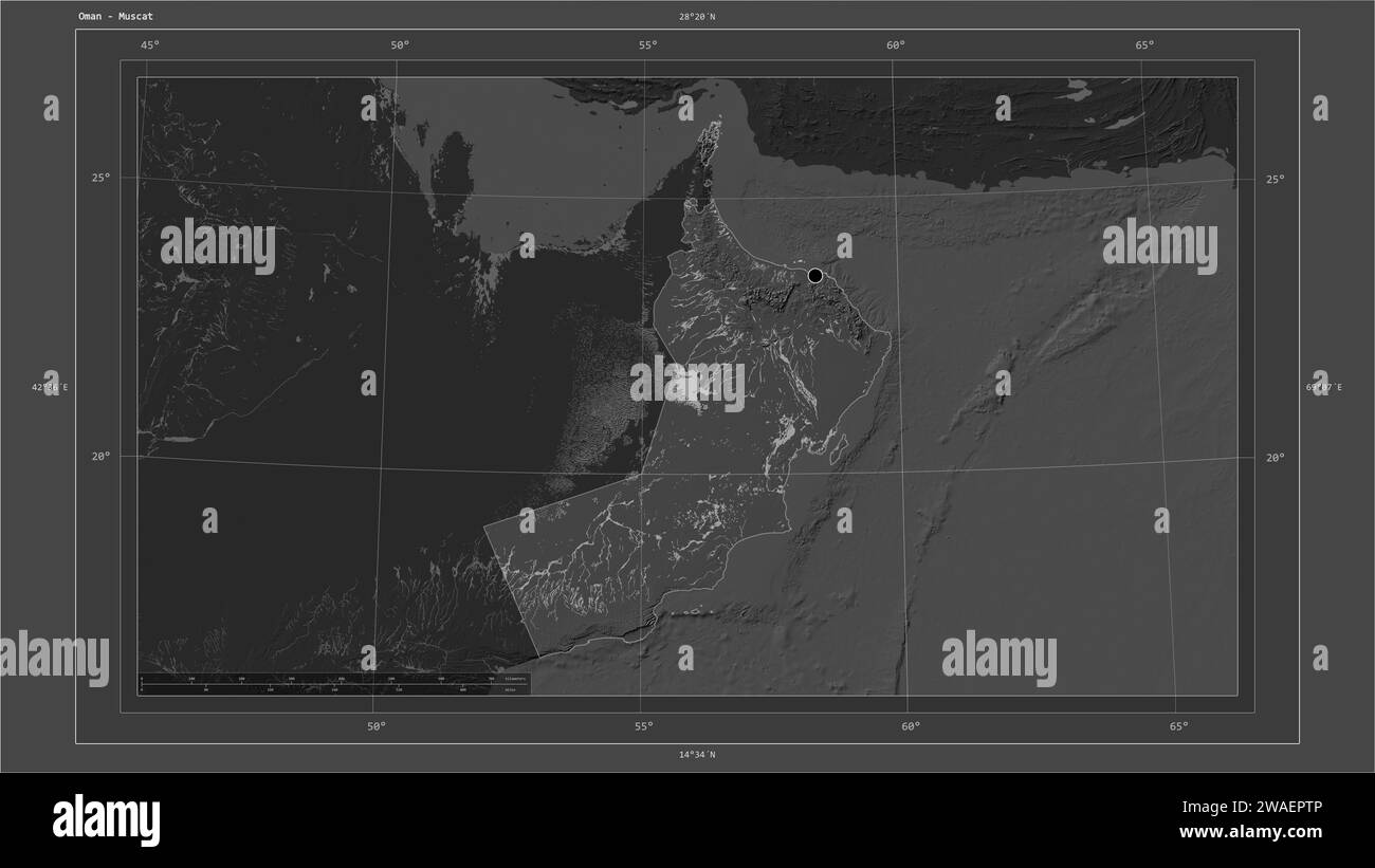 Oman highlighted on a Bilevel elevation map with lakes and rivers map ...