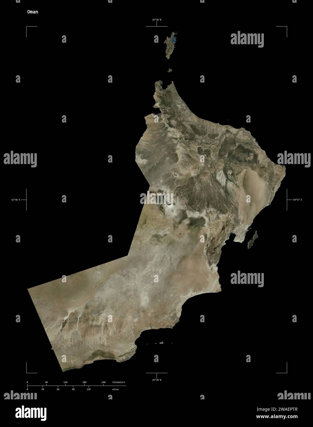 Shape of a high resolution satellite map of the Oman, with distance scale and map border ...