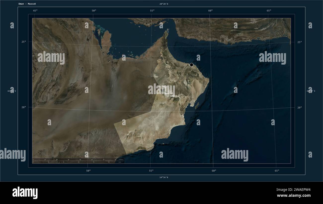 Oman highlighted on a high resolution satellite map map with the country's capital point ...