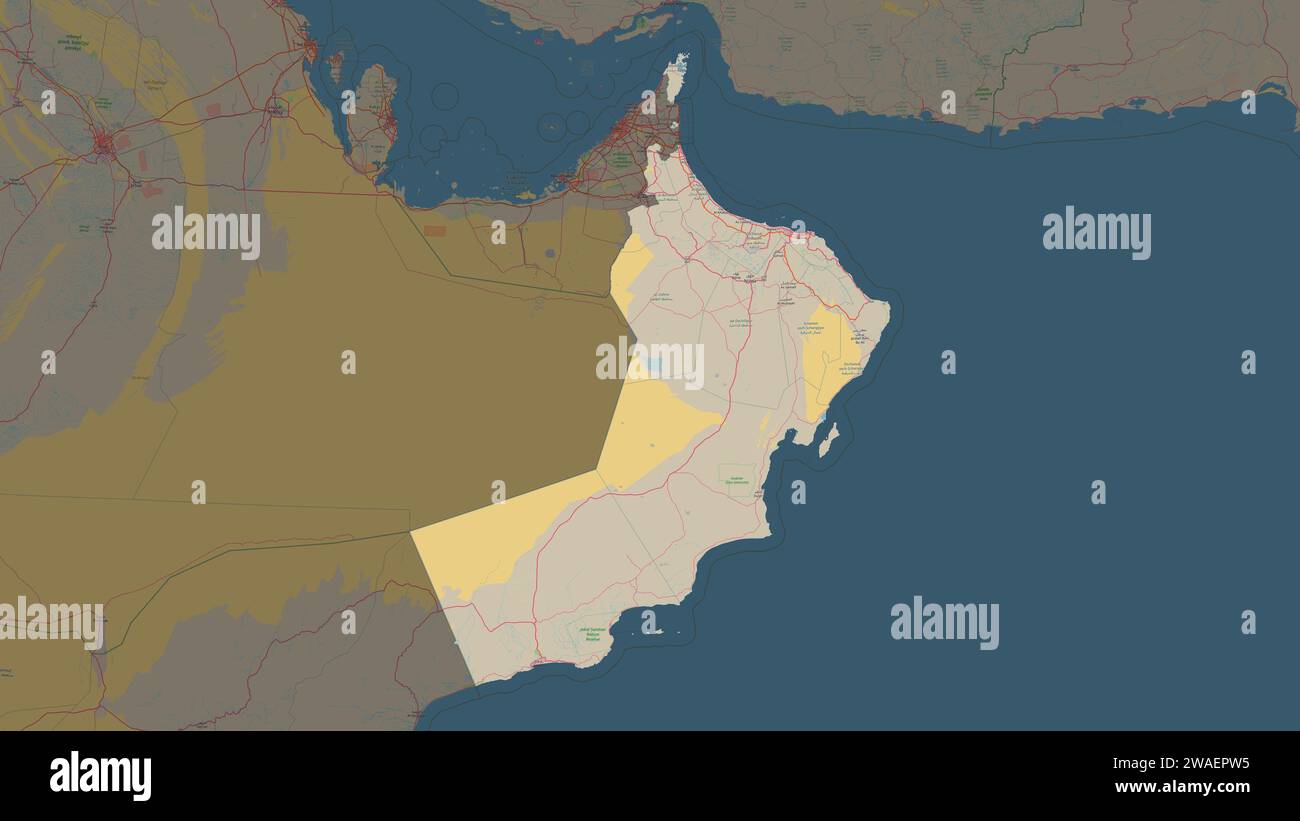 Oman highlighted on a topographic, OSM Germany style map Stock Photo ...