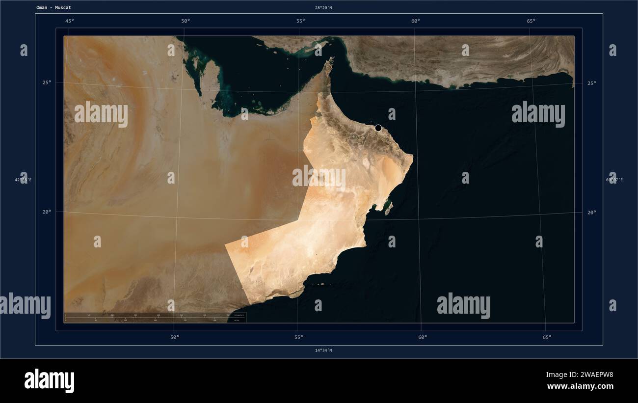 Oman highlighted on a low resolution satellite map map with the country's capital point ...