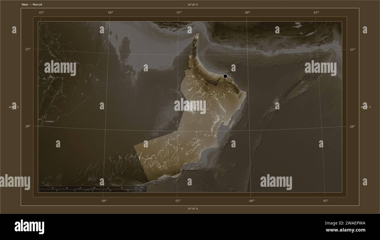 Oman highlighted on a elevation map colored in sepia tones with lakes ...