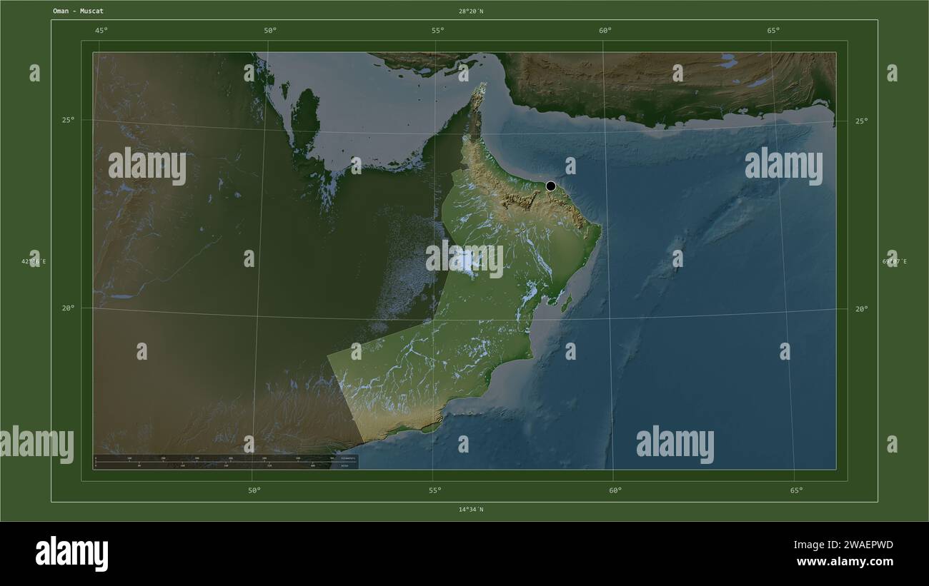 Oman highlighted on a Pale colored elevation map with lakes and rivers ...