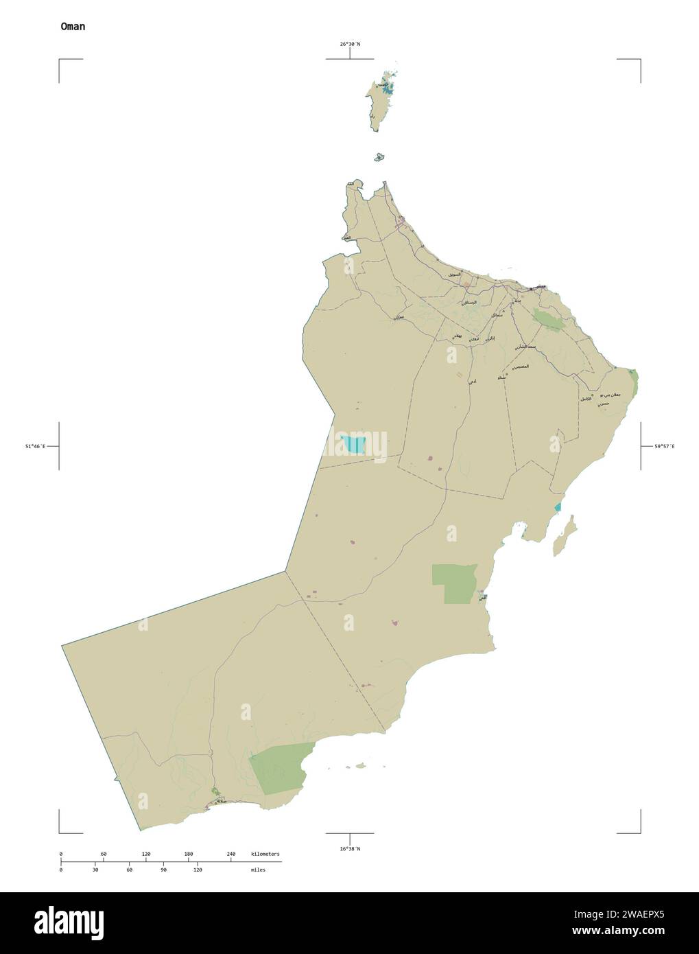 Shape of a topographic, OSM Humanitarian style map of the Oman, with ...