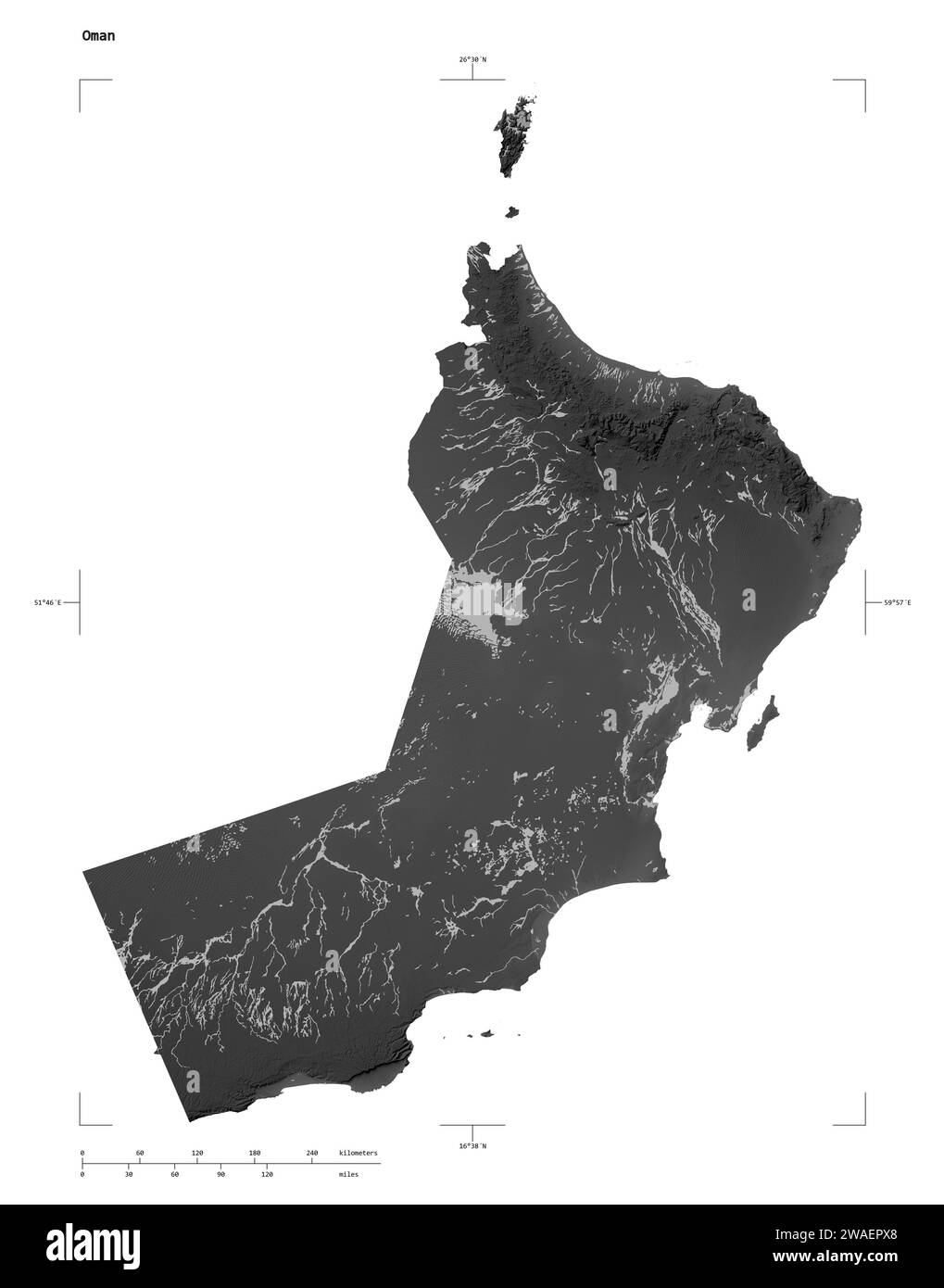 Shape of a Grayscale elevation map with lakes and rivers of the Oman, with distance scale and ...