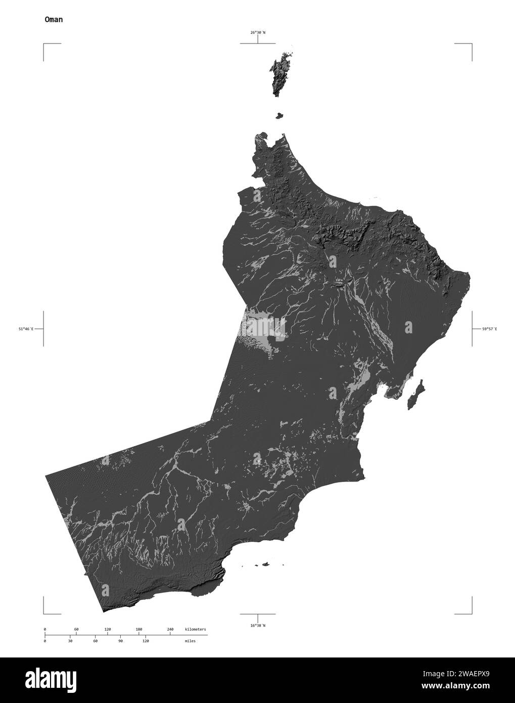 Shape of a Bilevel elevation map with lakes and rivers of the Oman ...