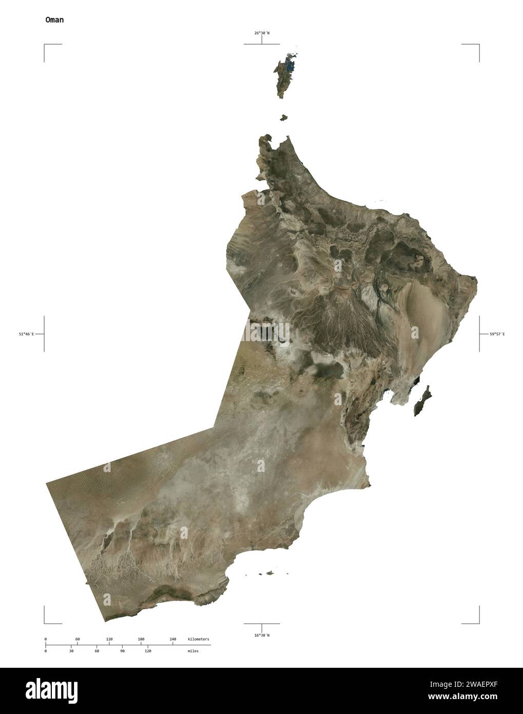 Shape of a high resolution satellite map of the Oman, with distance scale and map border ...
