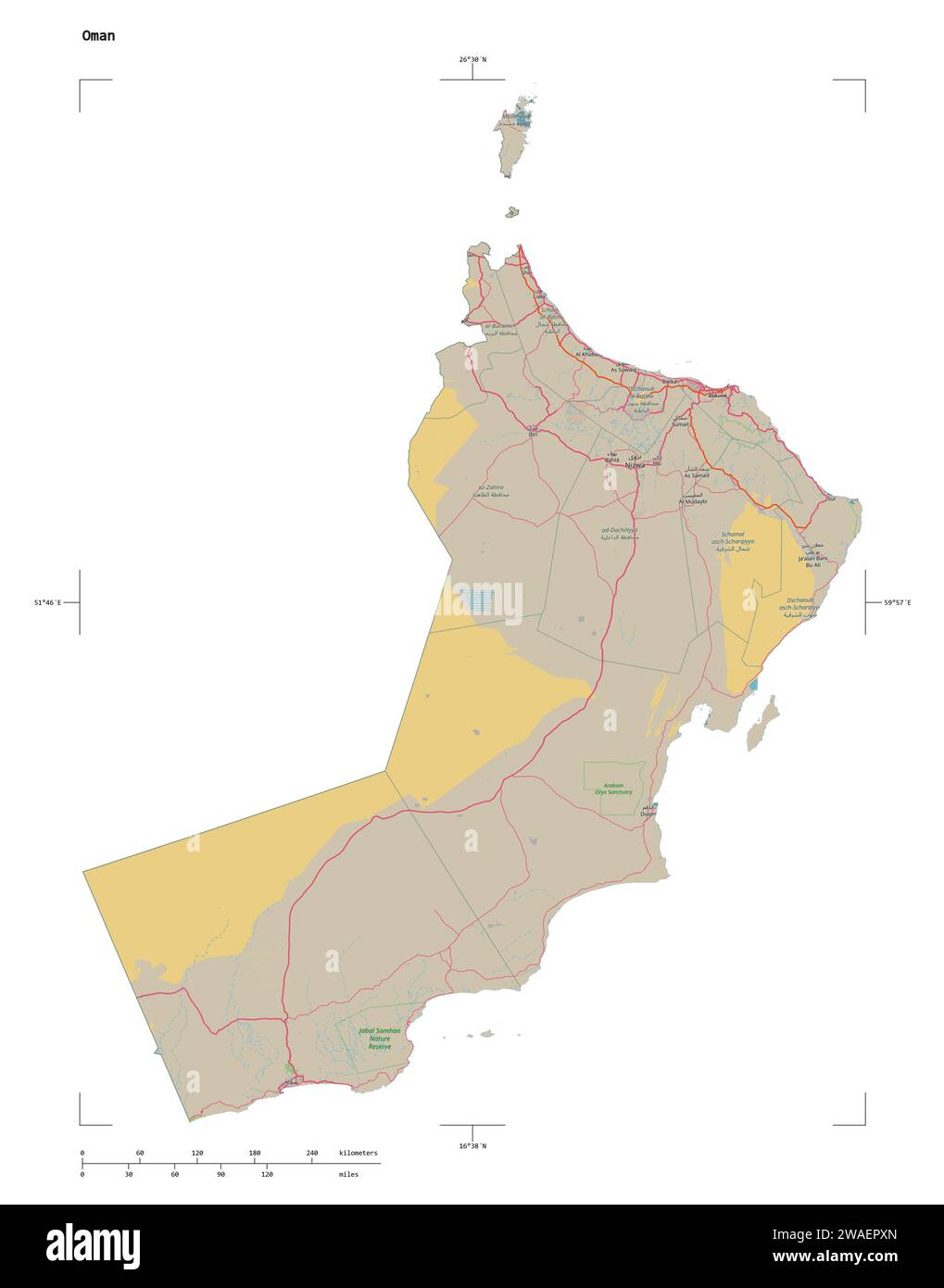 Shape of a topographic, OSM Germany style map of the Oman, with distance scale and map border ...