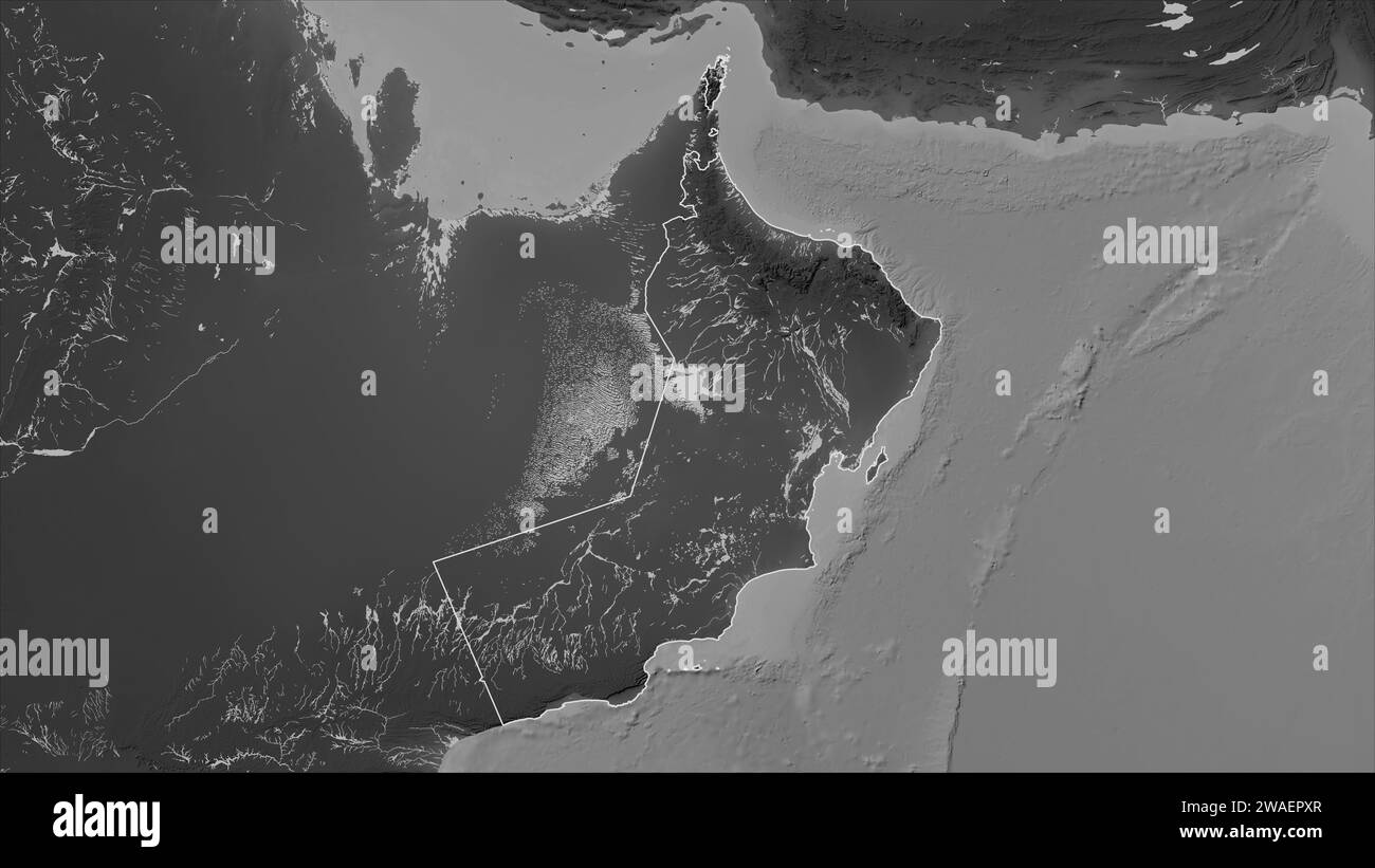 Oman outlined on a Grayscale elevation map with lakes and rivers Stock ...