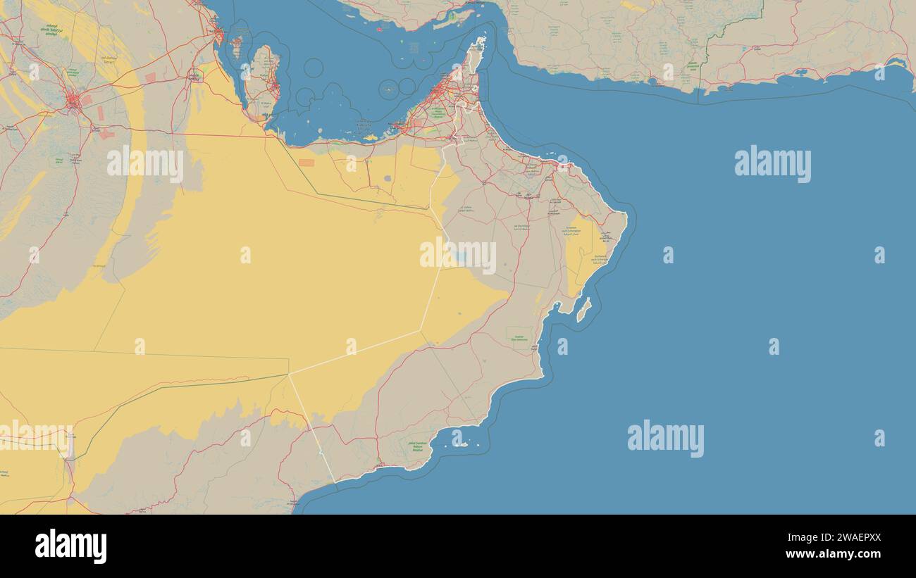 Oman outlined on a topographic, OSM Germany style map Stock Photo - Alamy