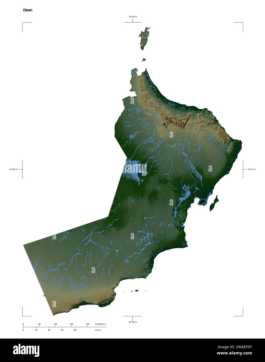 Shape of a Colored elevation map with lakes and rivers of the Oman ...