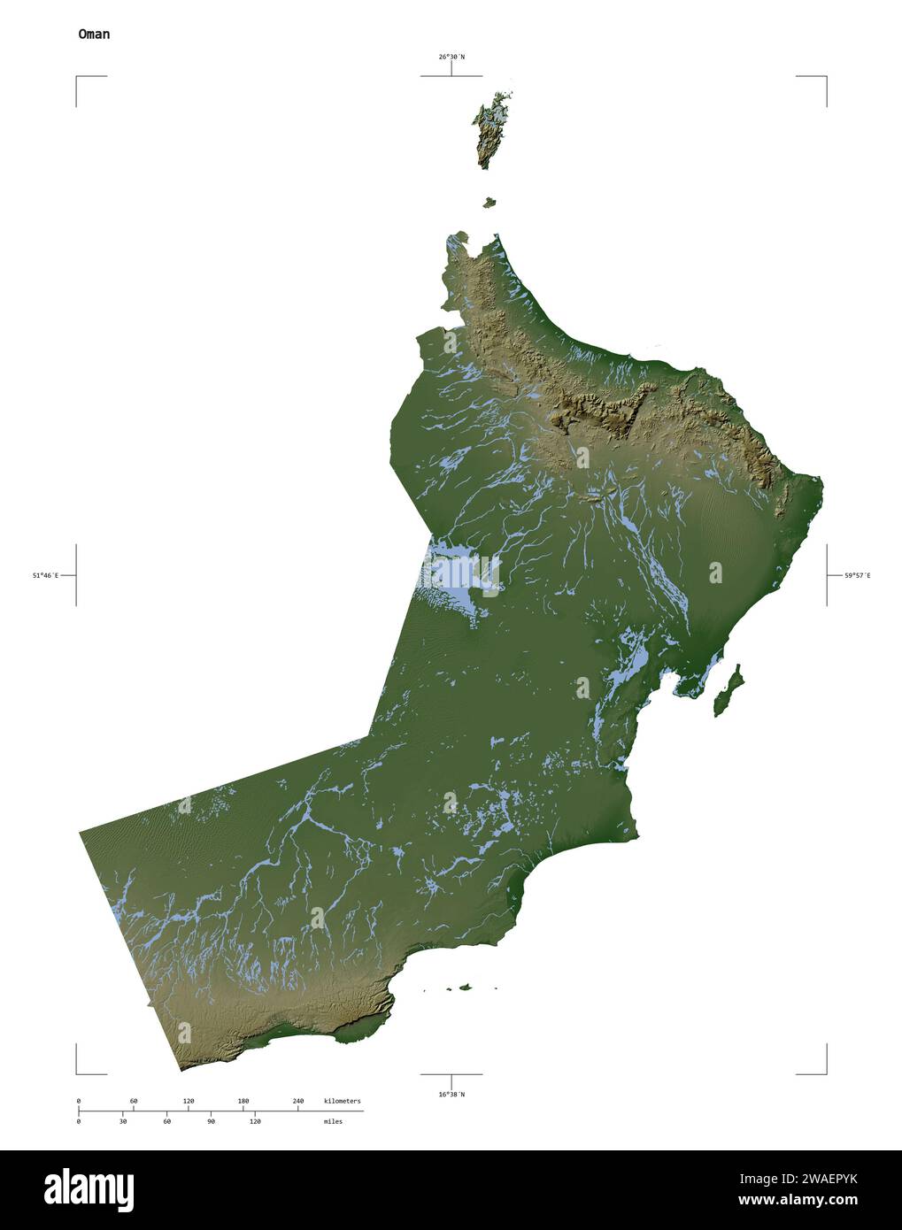 Shape of a Pale colored elevation map with lakes and rivers of the Oman ...