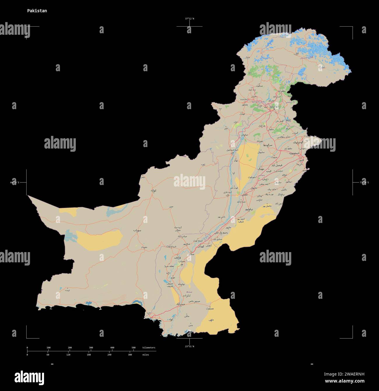 Shape of a topographic, OSM standard style map of the Pakistan, with ...