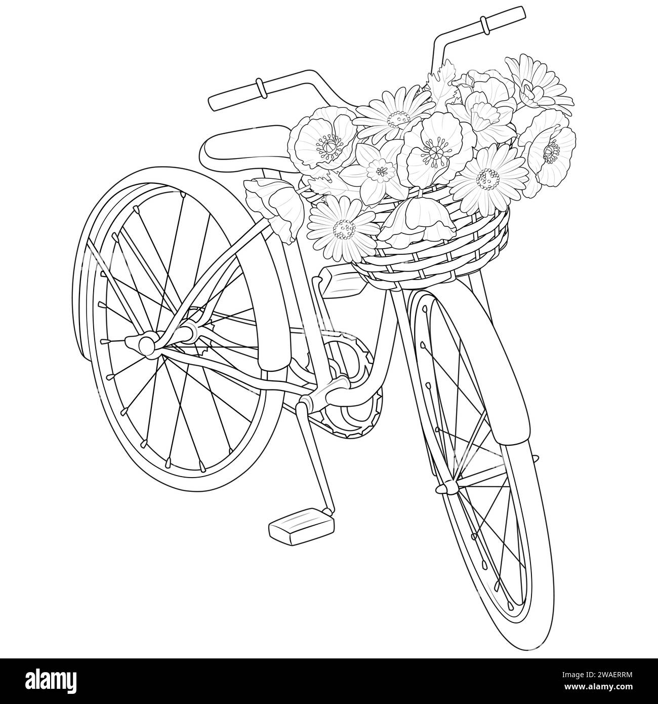 Bicycle with a basket of flowers black and white illustration for ...