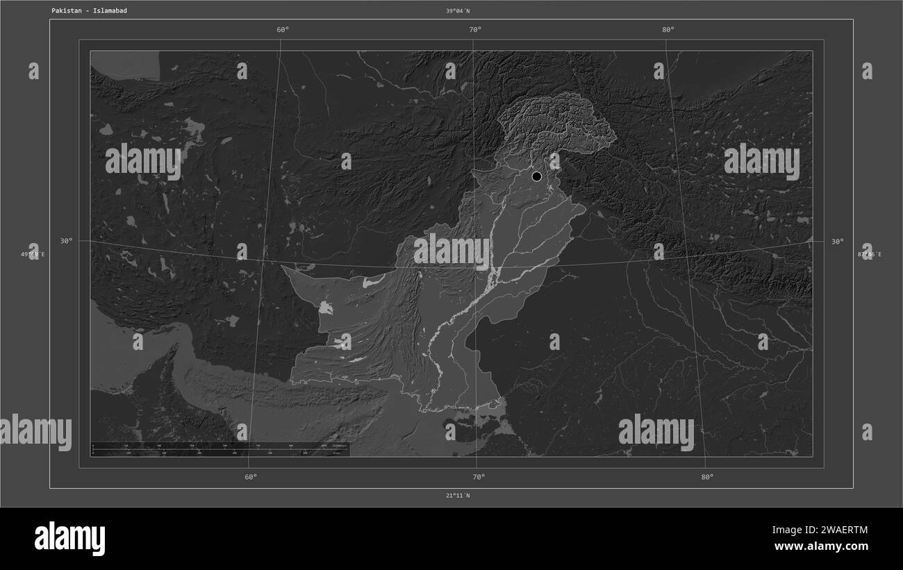 Pakistan highlighted on a Bilevel elevation map with lakes and rivers ...