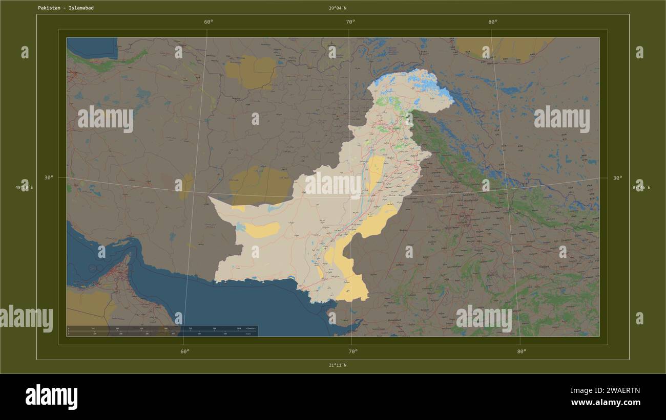 Pakistan highlighted on a topographic, OSM standard style map map with ...