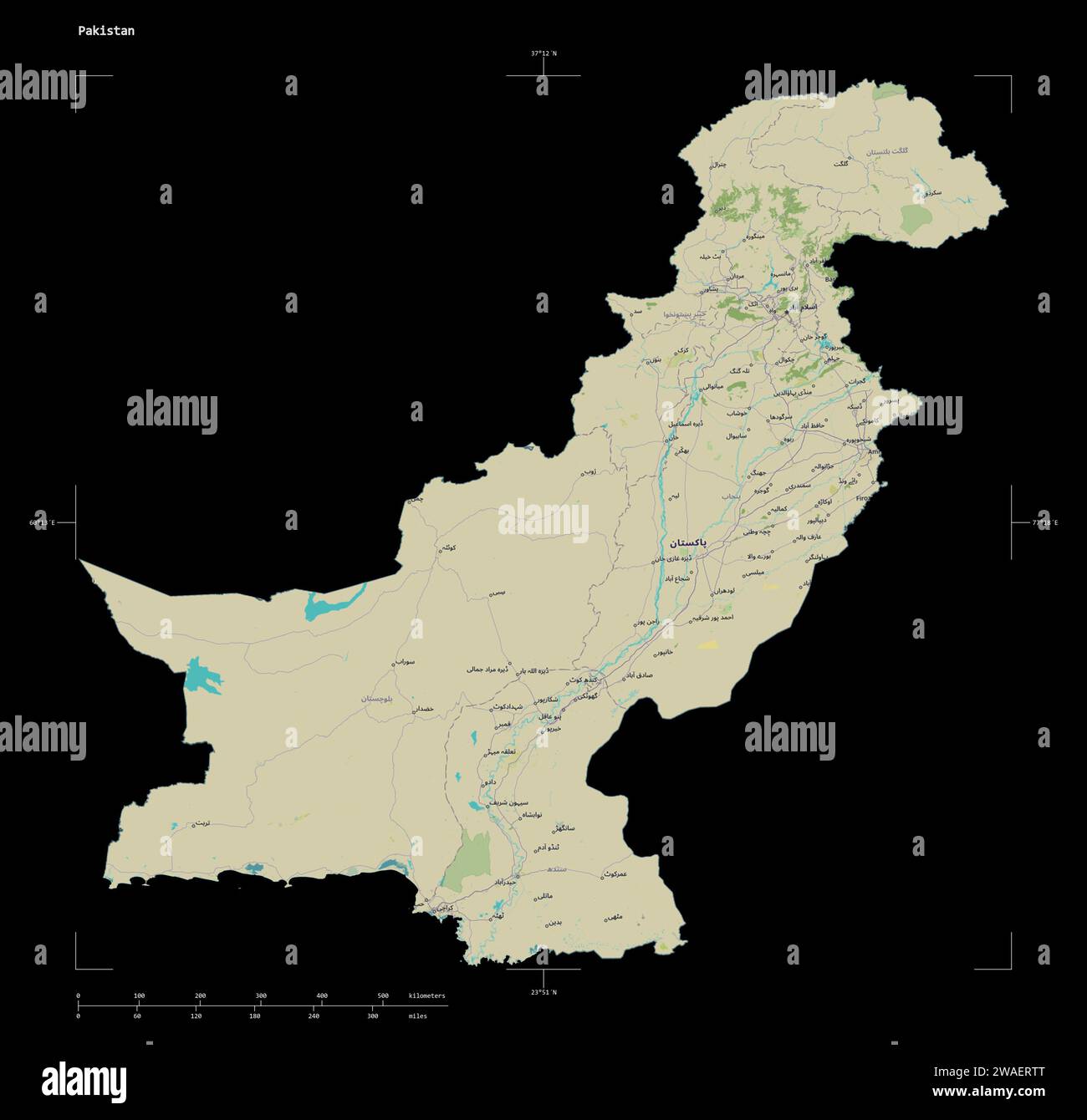 Shape of a topographic, OSM Humanitarian style map of the Pakistan ...