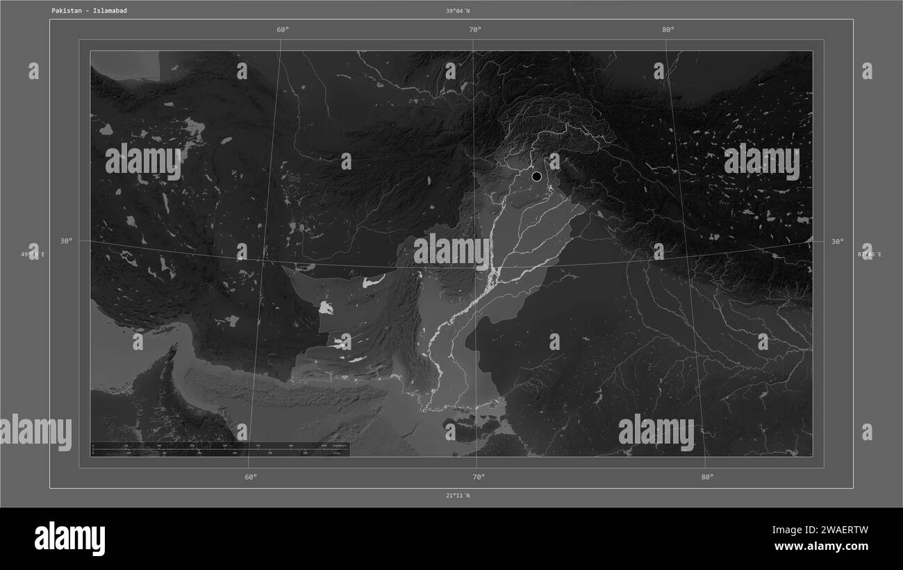 Pakistan highlighted on a Grayscale elevation map with lakes and rivers ...