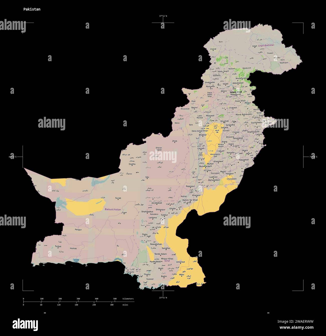 Shape of a topographic, OSM France style map of the Pakistan, with ...