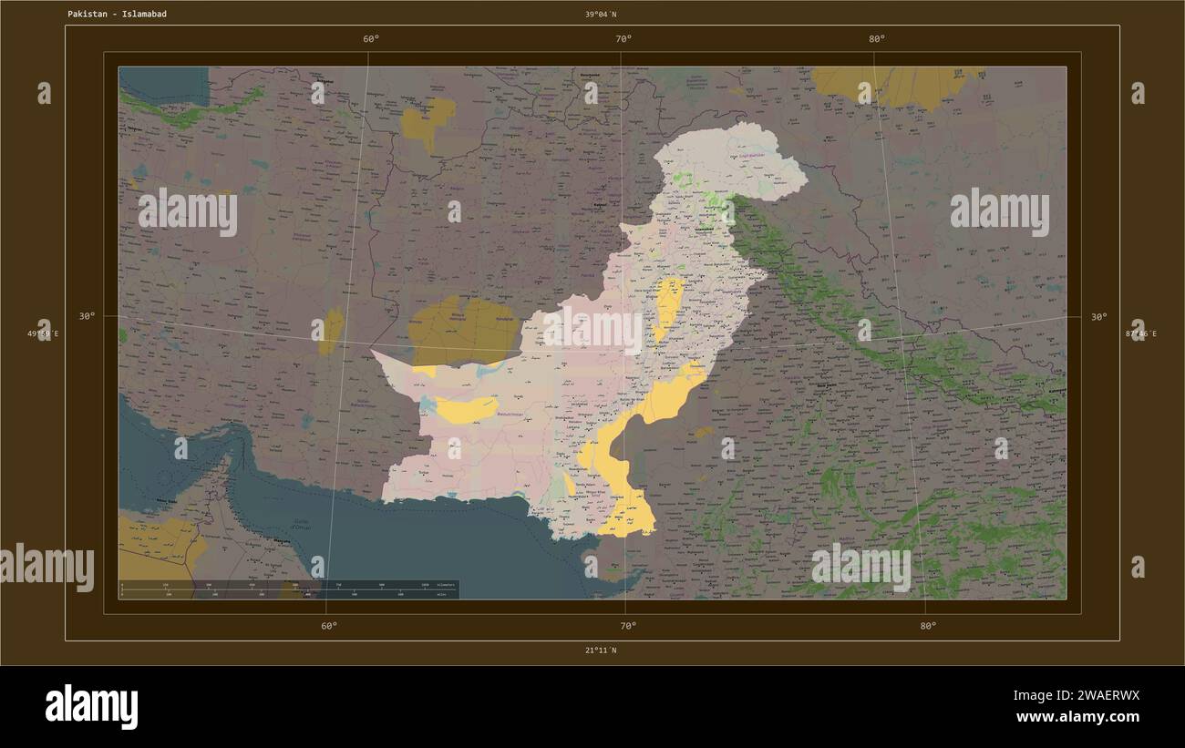 Pakistan highlighted on a topographic, OSM France style map map with ...