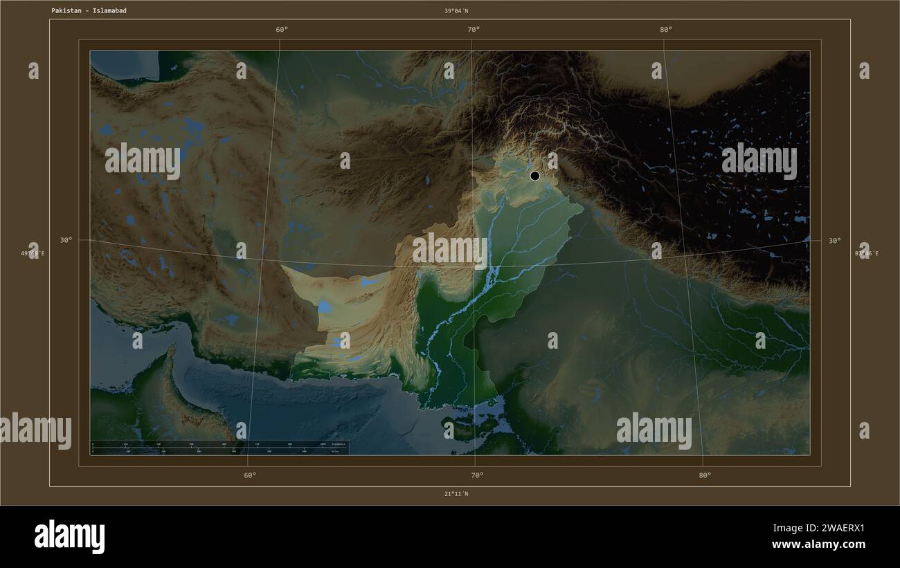 Pakistan highlighted on a Colored elevation map with lakes and rivers ...