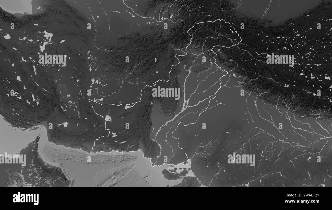 Pakistan outlined on a Grayscale elevation map with lakes and rivers ...