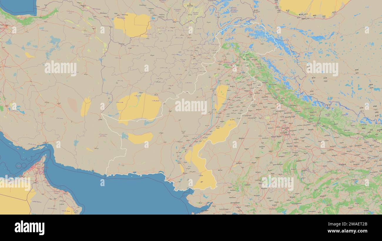 Pakistan outlined on a topographic, OSM standard style map Stock Photo ...