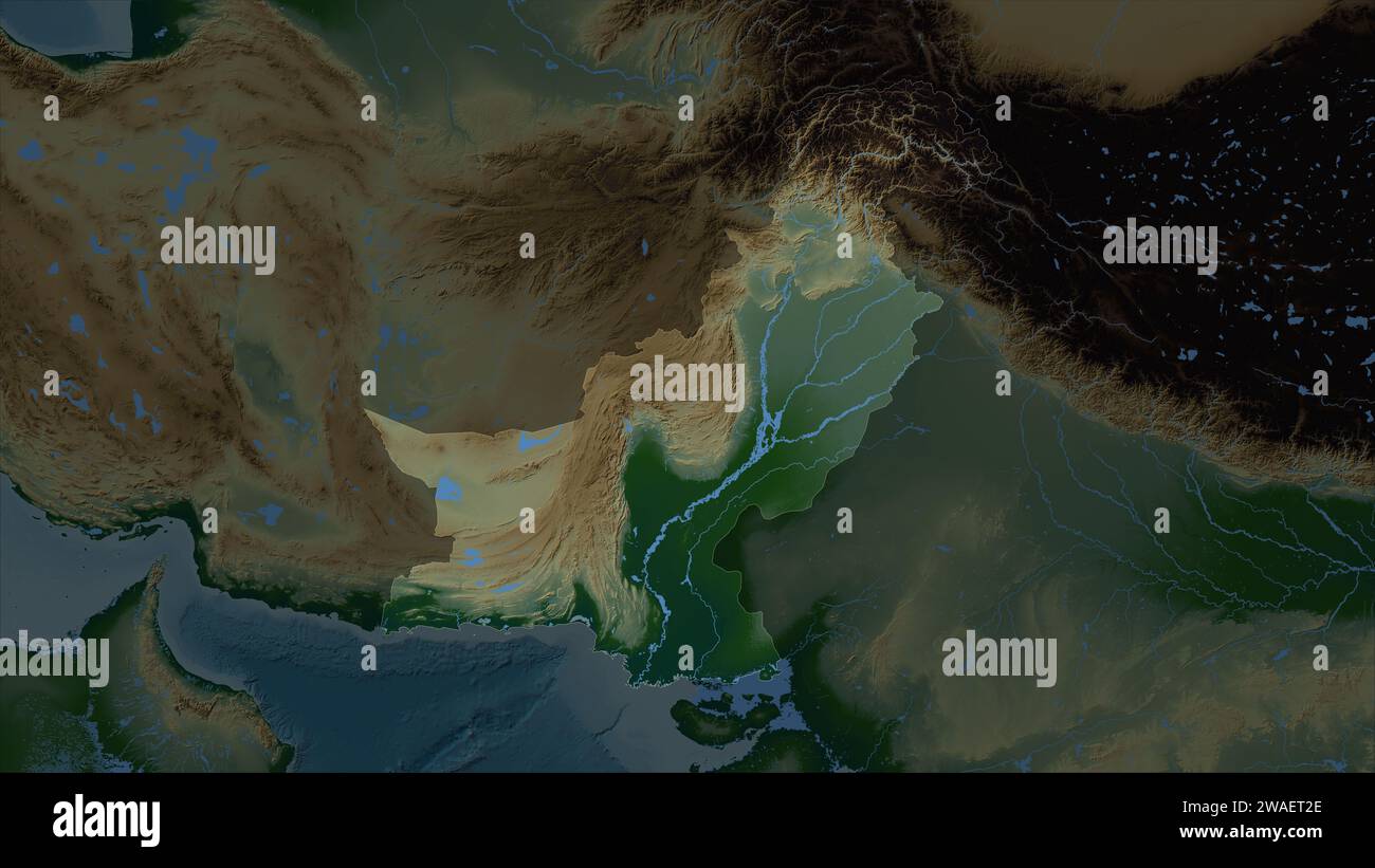 Pakistan highlighted on a Colored elevation map with lakes and rivers ...