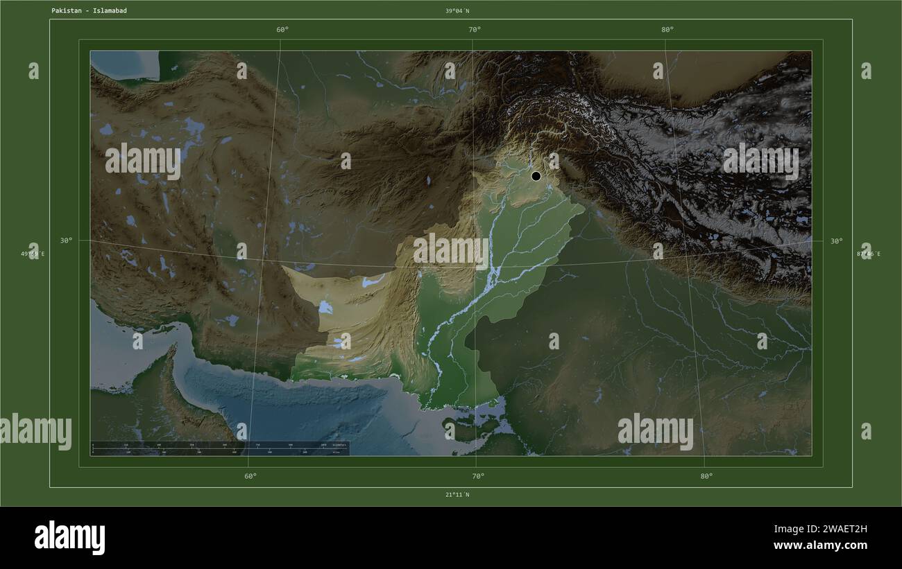 Pakistan highlighted on a Pale colored elevation map with lakes and ...
