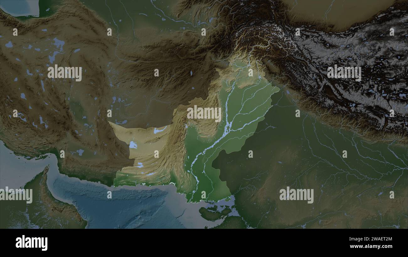 Pakistan highlighted on a Pale colored elevation map with lakes and ...
