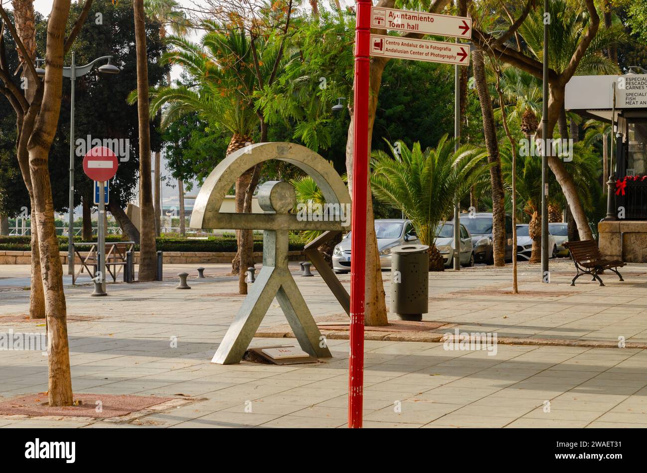 ALMERIA, SPAIN - 11 DECEMBER 2023 A statue of the Indalo man which was ...