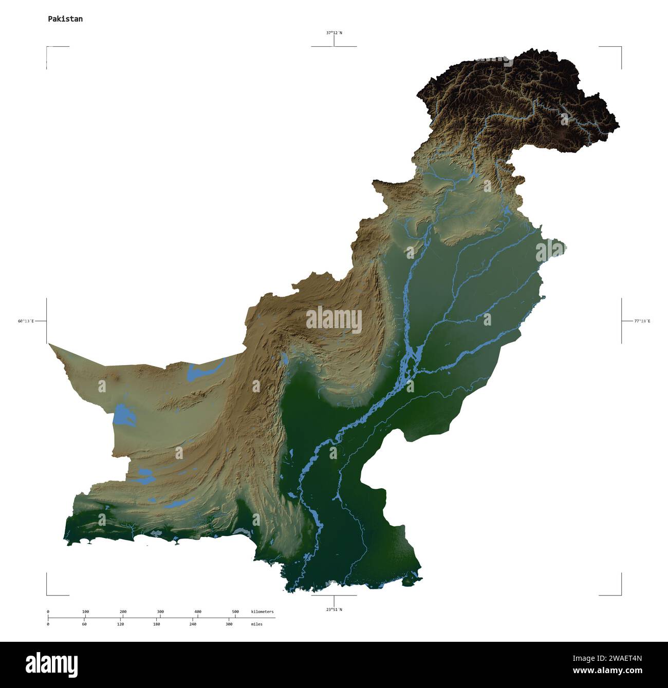 Shape of a Colored elevation map with lakes and rivers of the Pakistan, with distance scale and ...