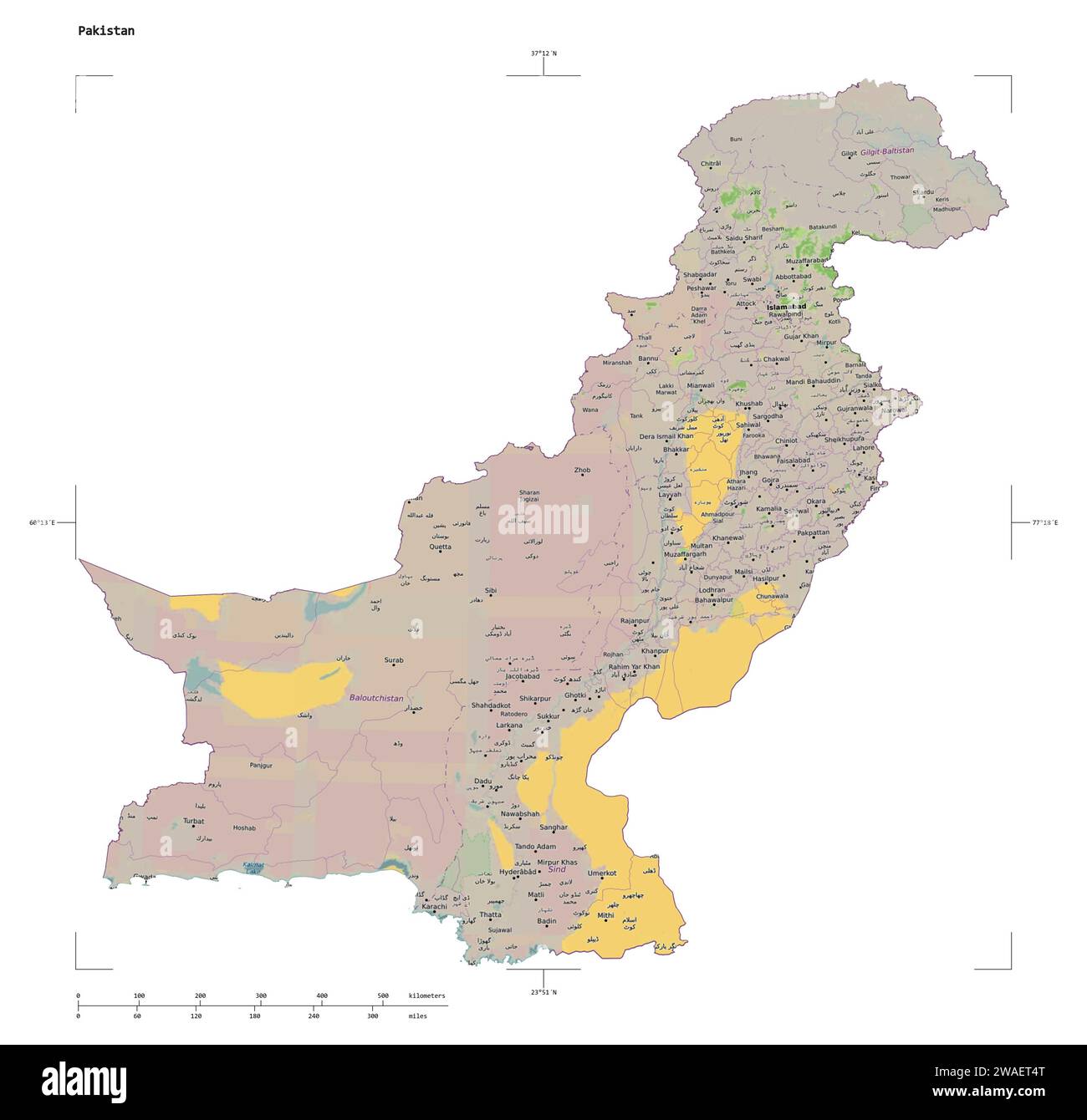 Shape of a topographic, OSM France style map of the Pakistan, with ...