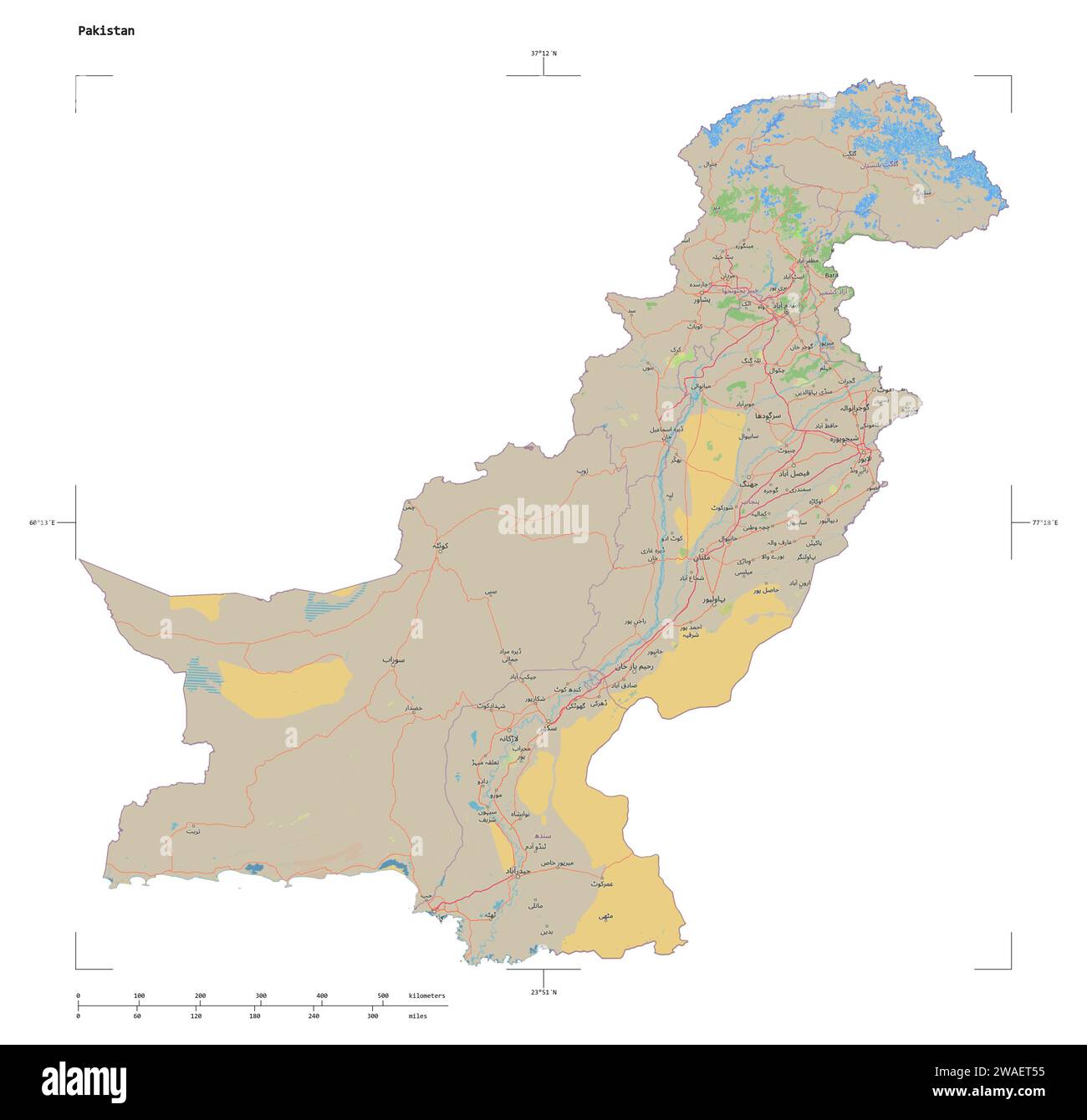 Shape of a topographic, OSM standard style map of the Pakistan, with ...