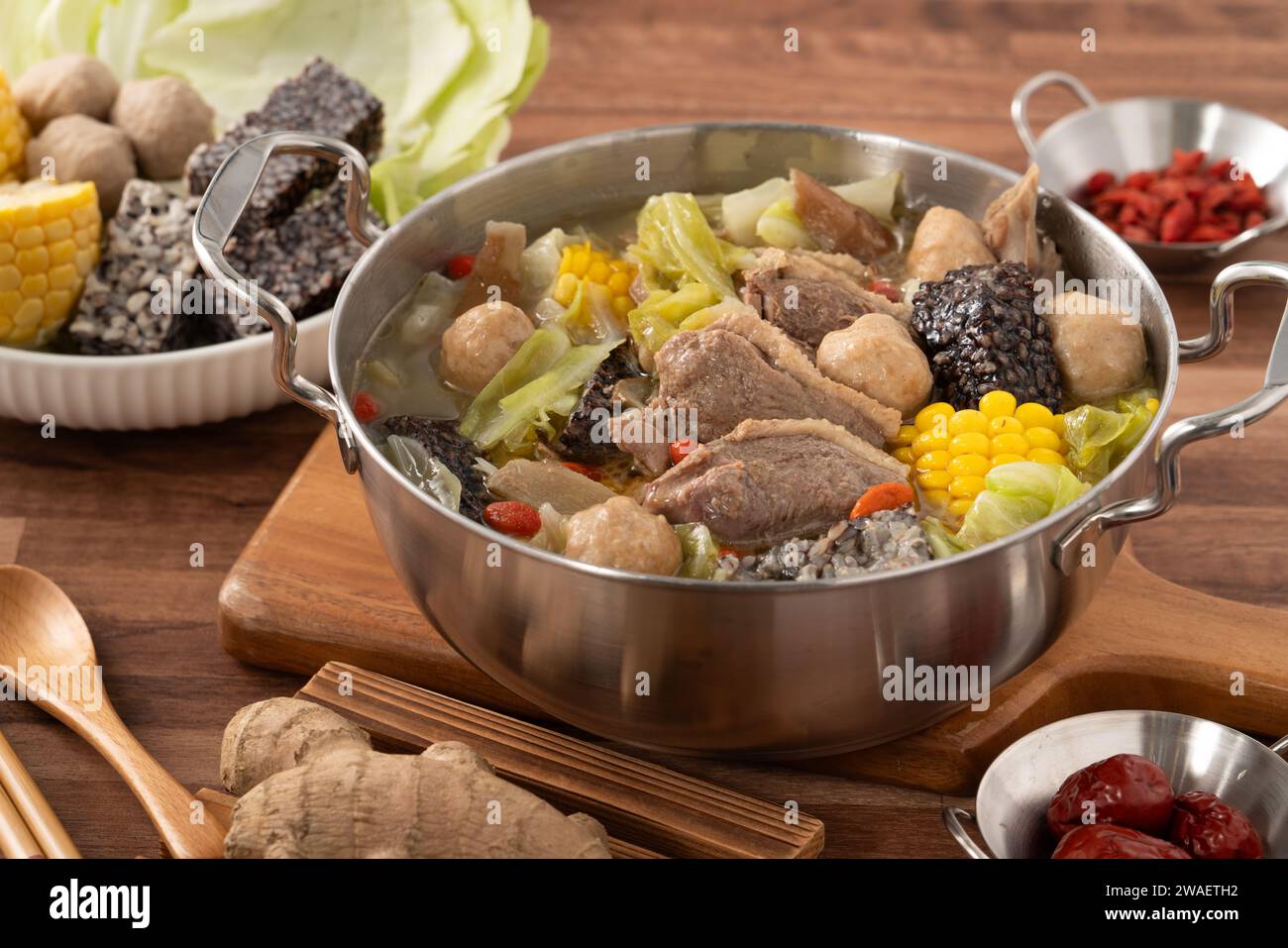 Delicious ginger duck stew hot pot soup with fresh vegetables in Taiwan ...